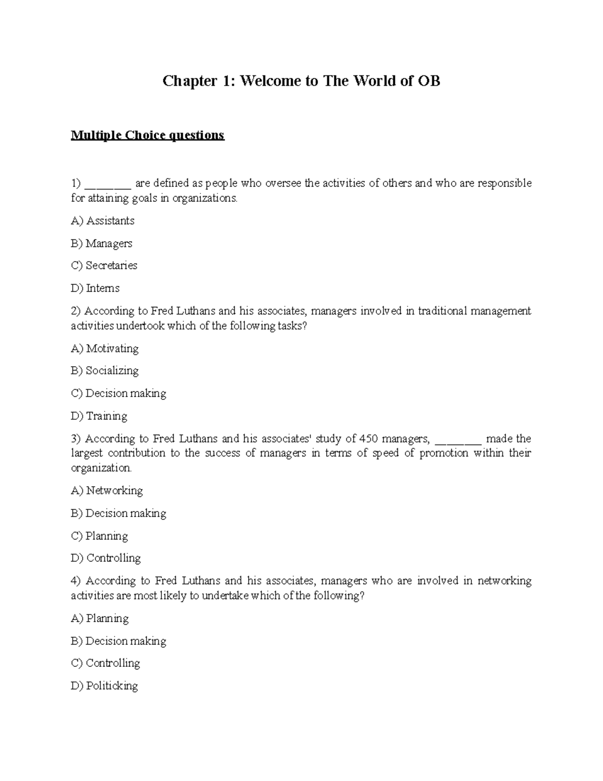 Chapter 1: OB Overview & MCQs for Revision - Practice Questions - Studocu
