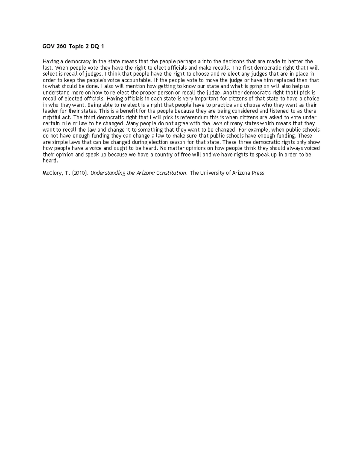 GOV 260 0500 Arizona Constitution and Government 8 Question Test SLB ...