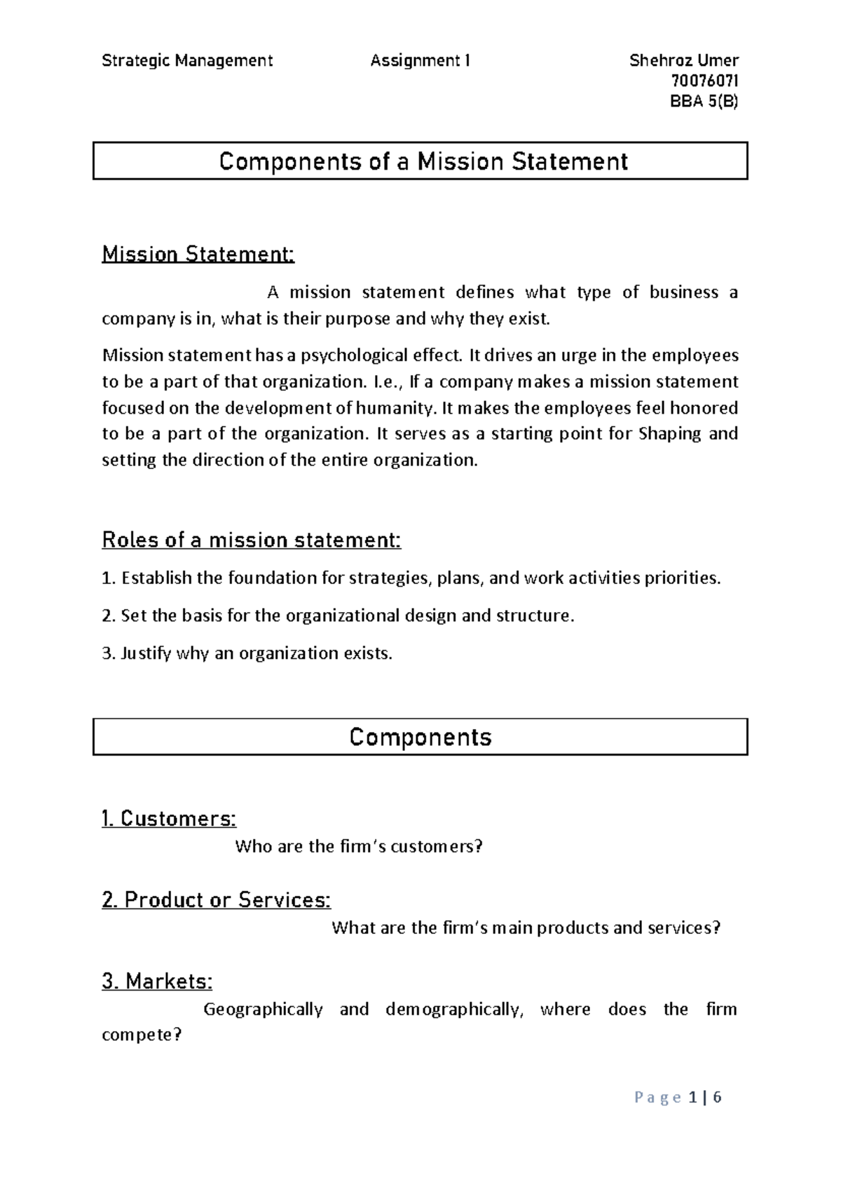 BBA 70076071 - Components & Importance of Mission Statements - Studocu