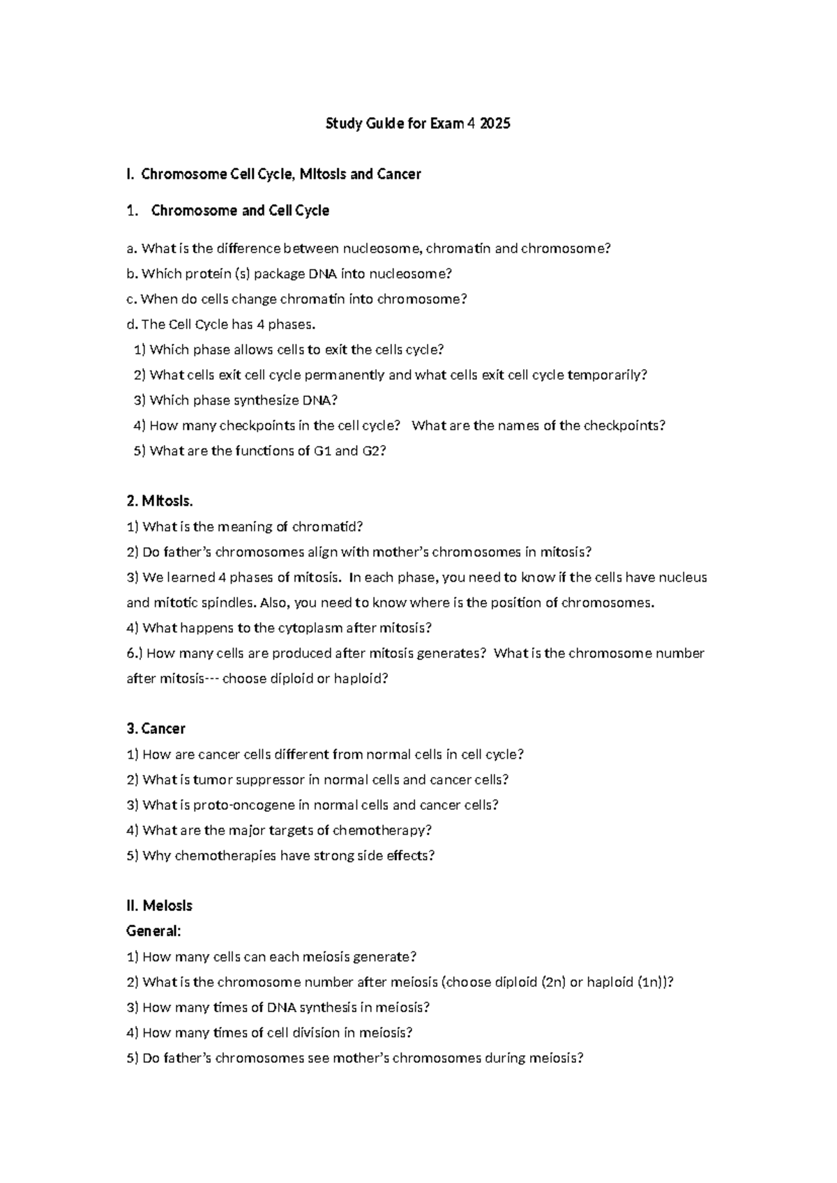 Study Guide for Exam 4: Chromosomes, Mitosis, Meiosis & Genetics 2025 ...