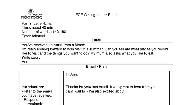 FCE Writing: Informal Email Response Guidelines - Studocu