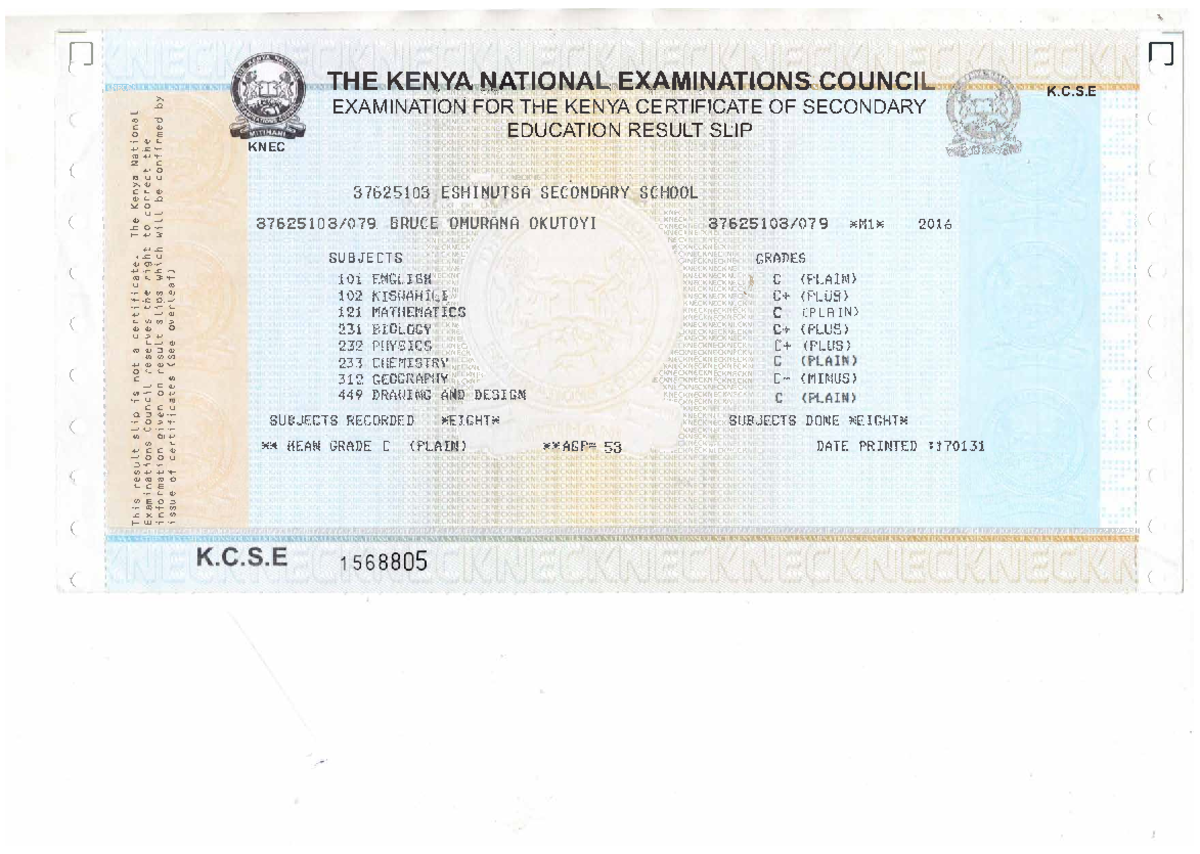 K.C.S.E Result Slip - Certificate Overview and Details - Studocu