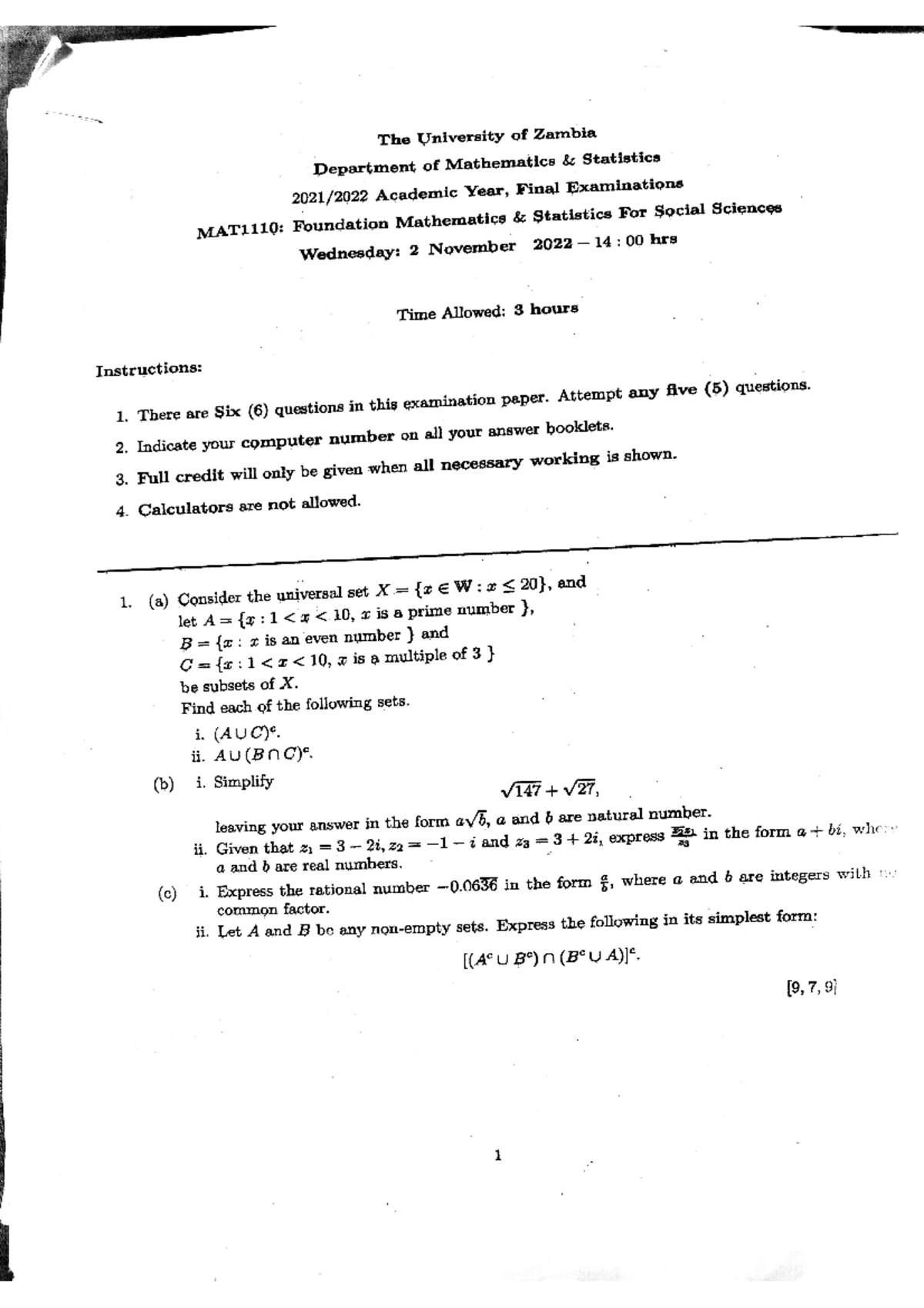 2022 MATH 1110 EXAM - This is a 2022 MATH 1110 exam paper - School of ...