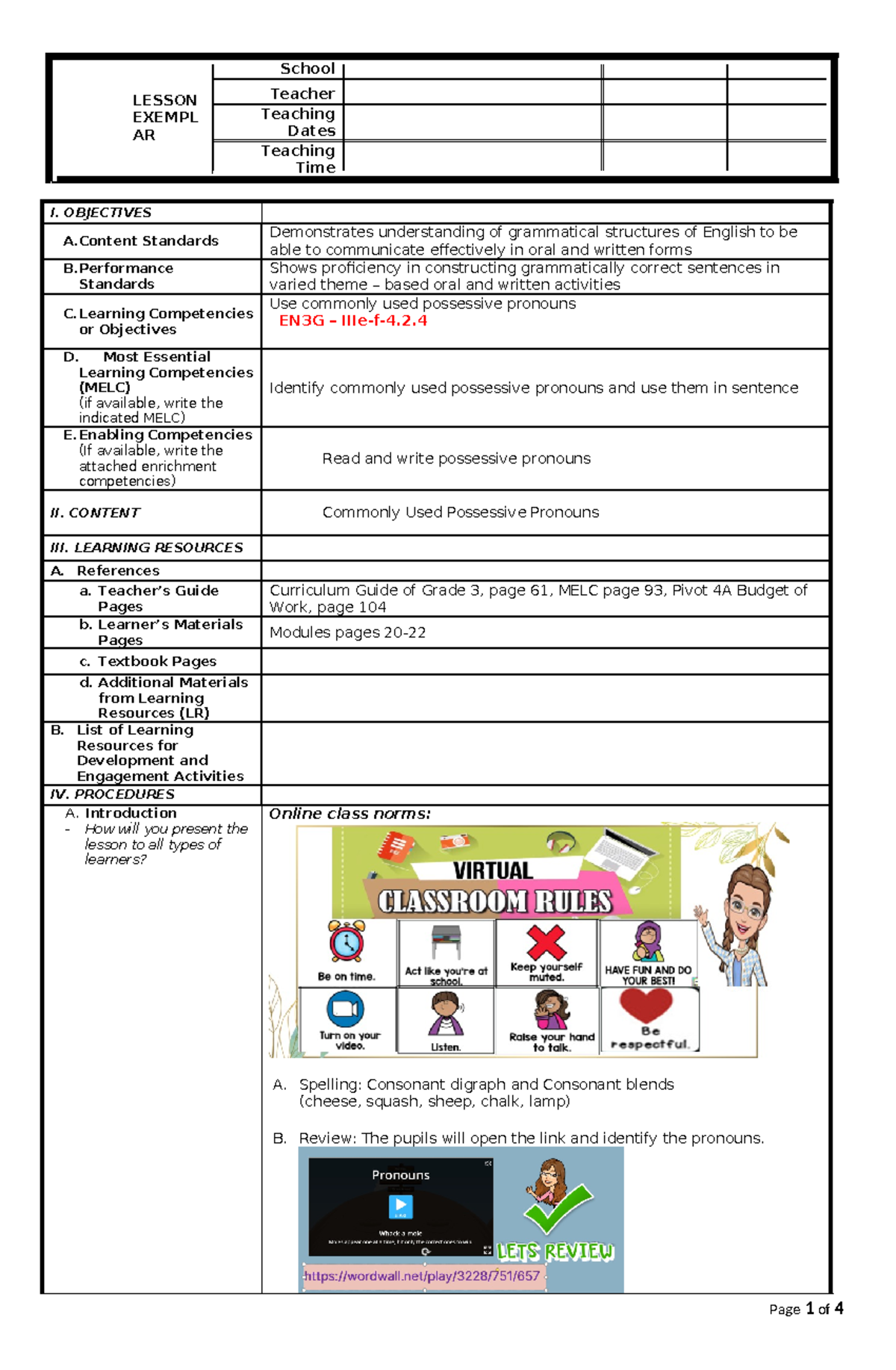 Lesson Plan for English on Possessive Pronouns (EN3G - IIIe-f-4.2 ...