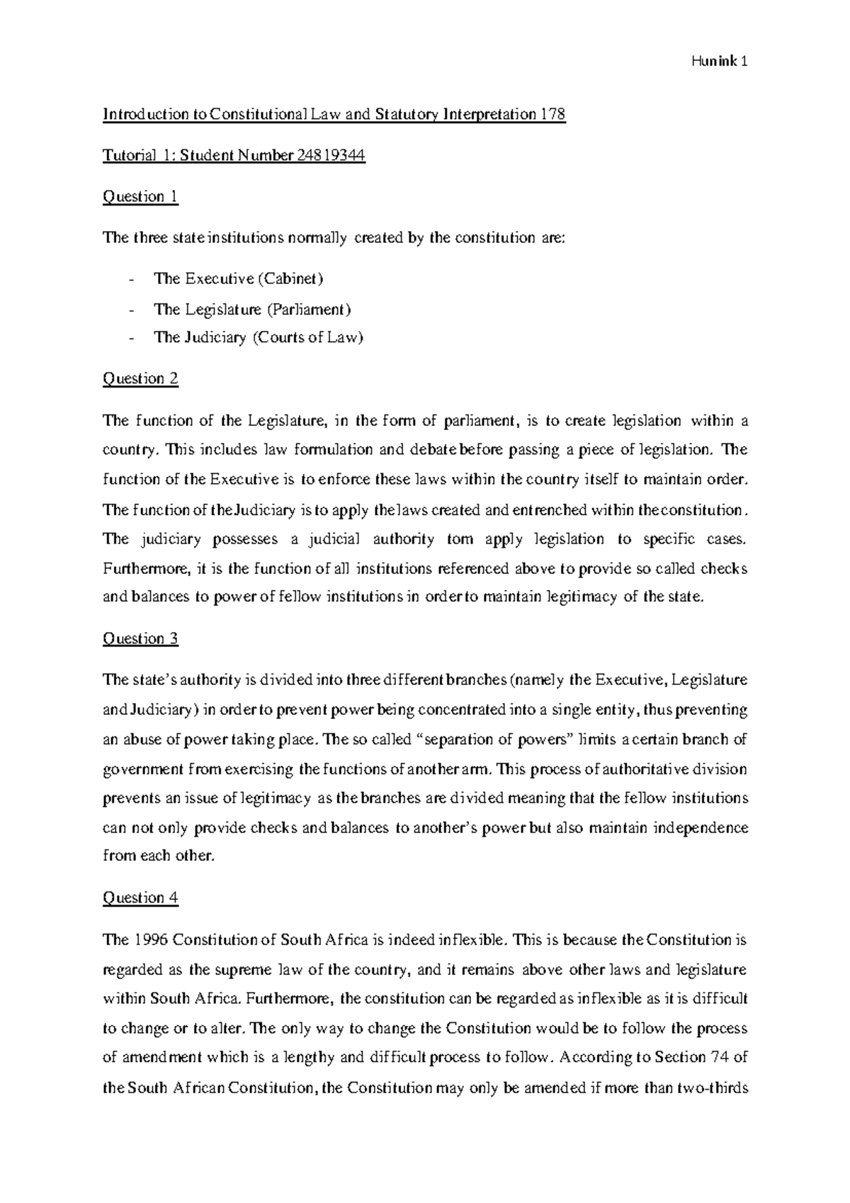 Intro To Con Law Tutorial 1 - Hunink 1 Introduction to Constitutional ...