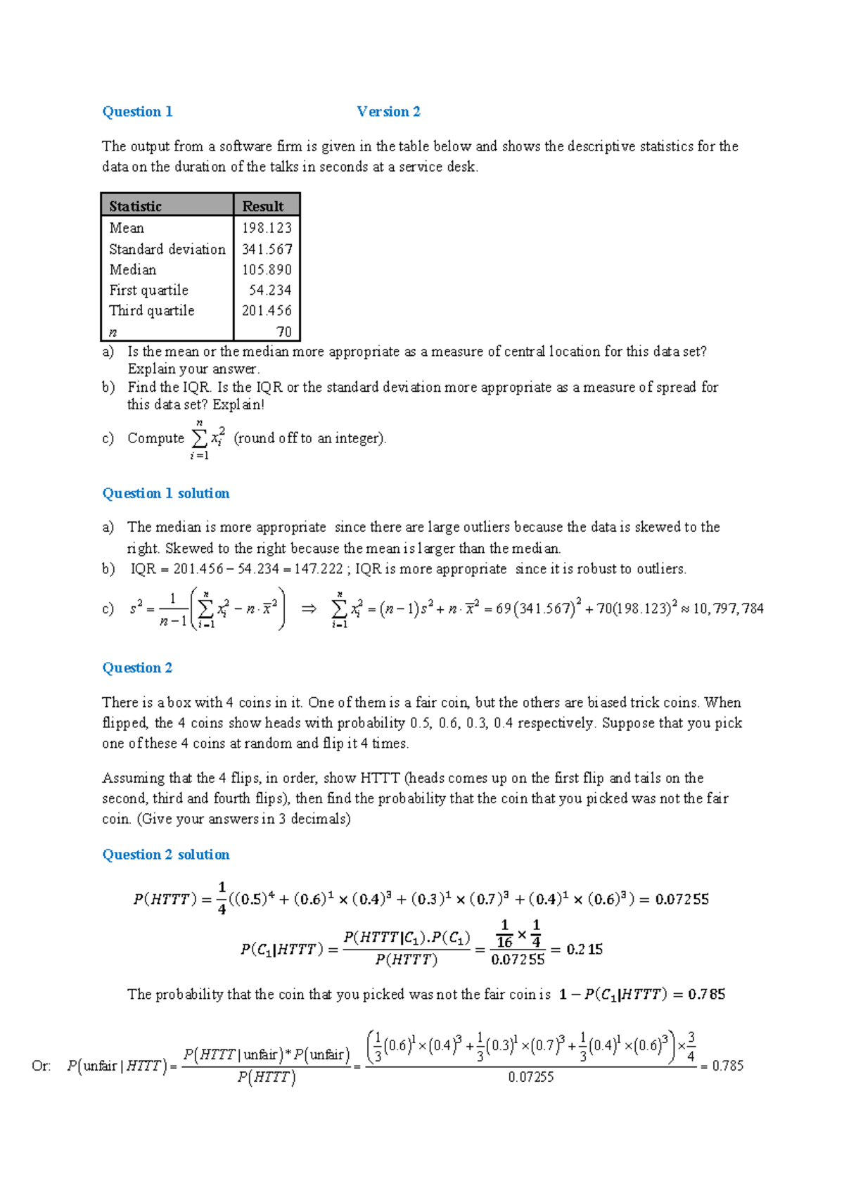 202003 19 Resit Probability & Stats 1 Solutions - Version 2 - Studeersnel