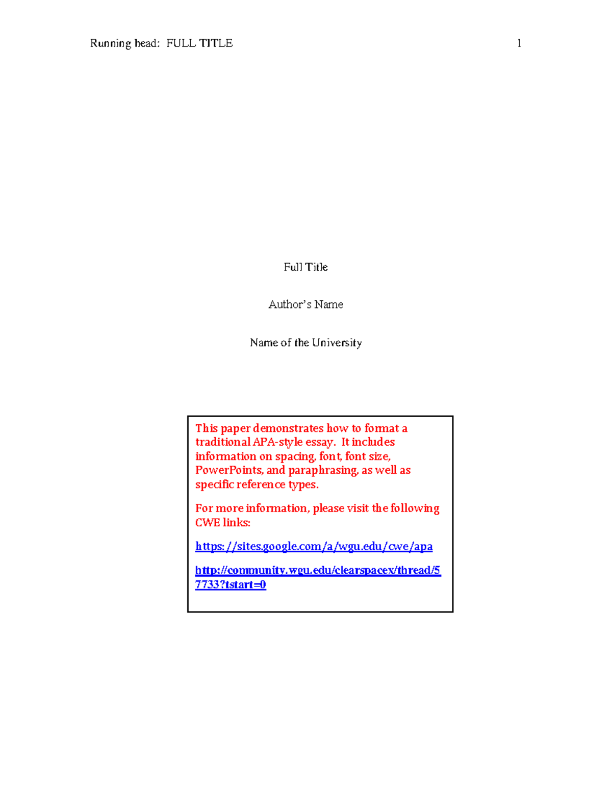 APA Style and Format Example - Running head: FULL TITLE 1 Full Title ...