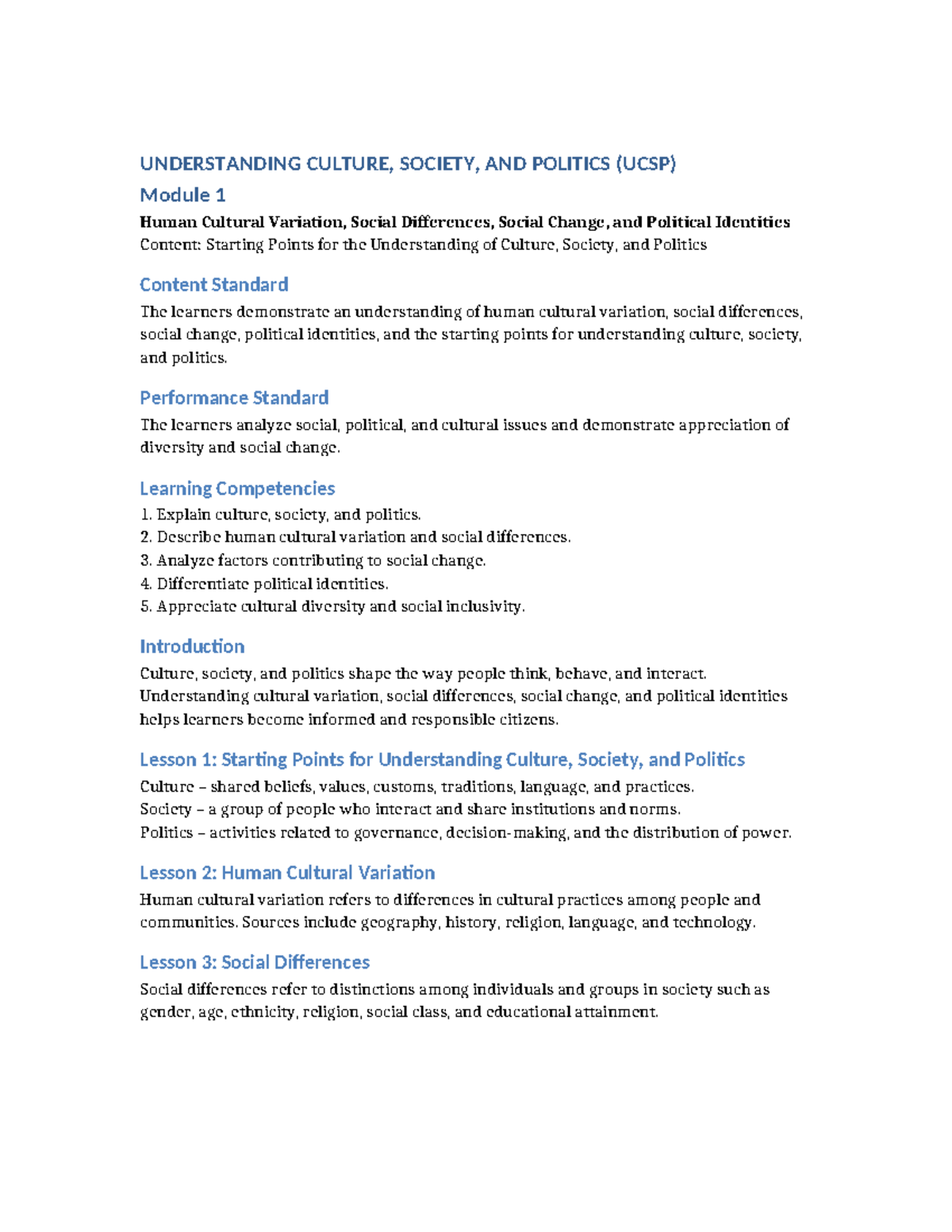 UCSP Module 1: Understanding Culture, Society, and Politics - Studocu