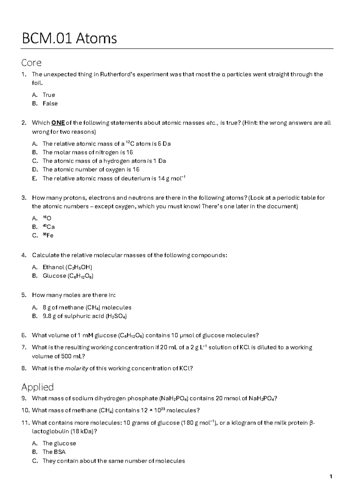 Bcm 1 worksheet - BCM Atoms Core 1. The unexpected thing in Rutherford ...
