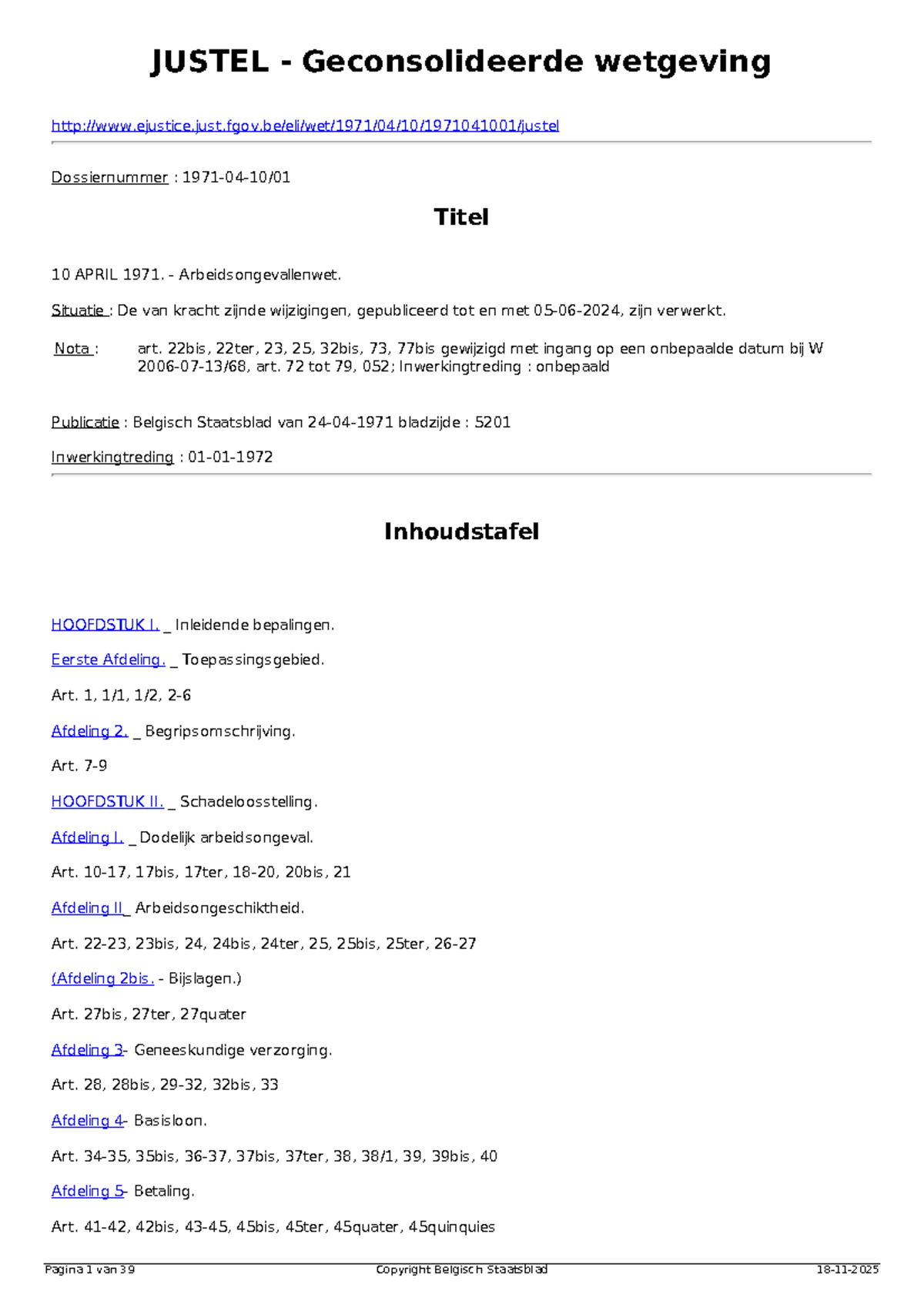 JUSTEL Arbeidsongevallenwet: Geconsolideerde Wetgeving (10 APRIL 1971 ...
