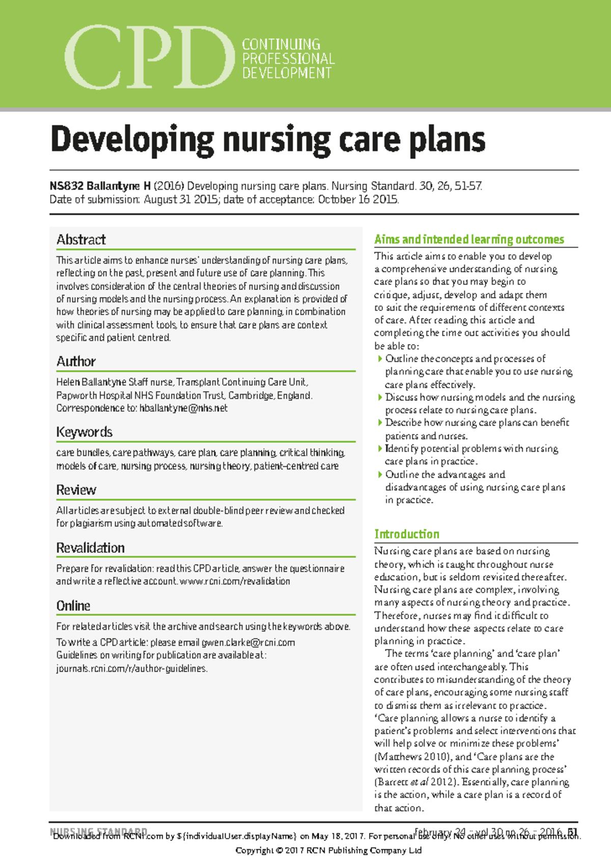 NURSING STANDARD NS832: Developing Effective Nursing Care Plans - Studocu