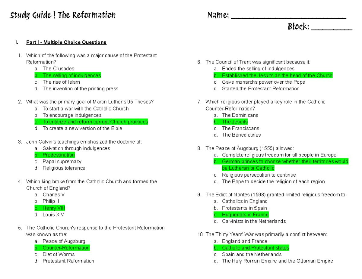 Teacher's Key Study Guide: The Reformation Overview and Quiz - Studocu