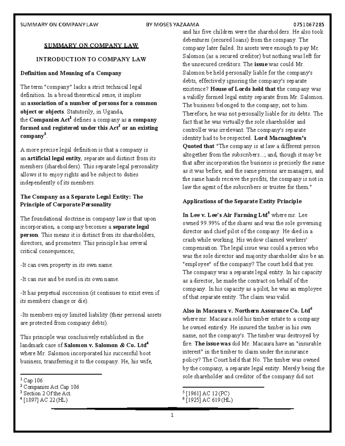COMPANY LAW SUMMARY - MOSES YAZAAMA 0751067285 - Studocu