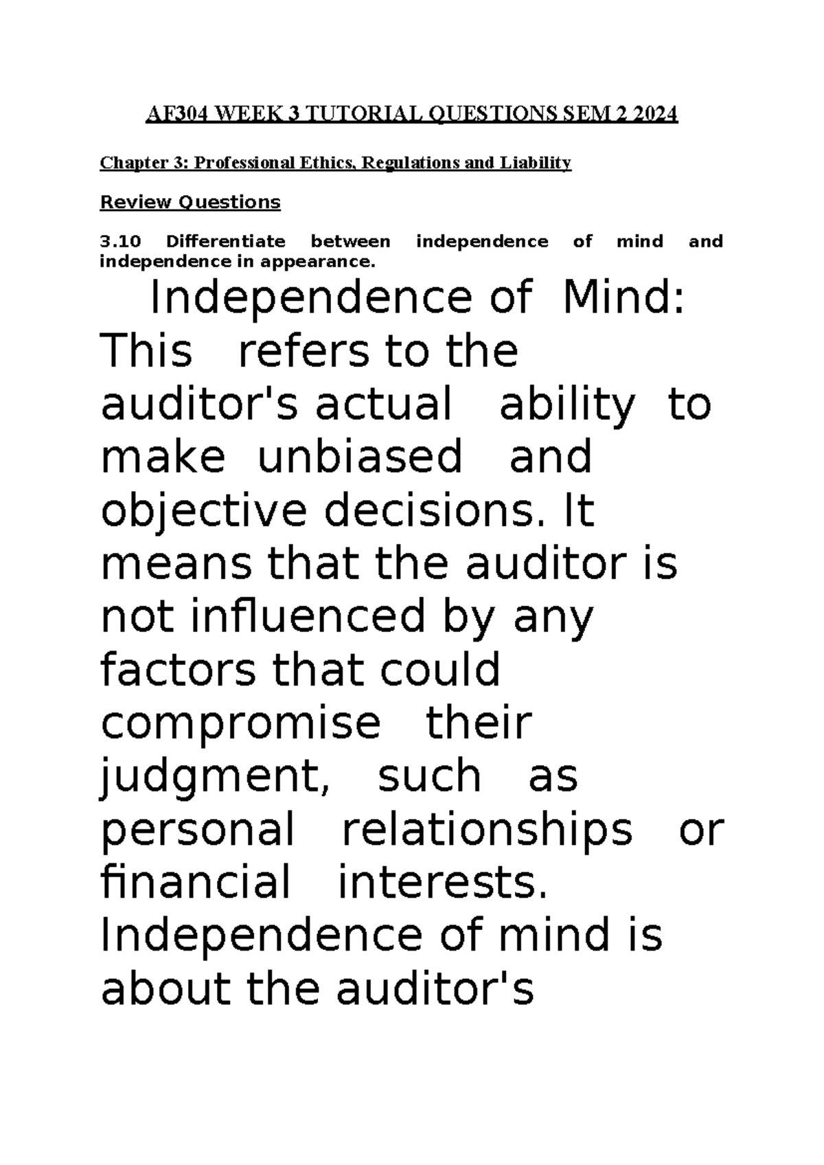 AF304 SEM 2 2024 Chapter 3: Professional Ethics & Independence Tutorial - Studocu