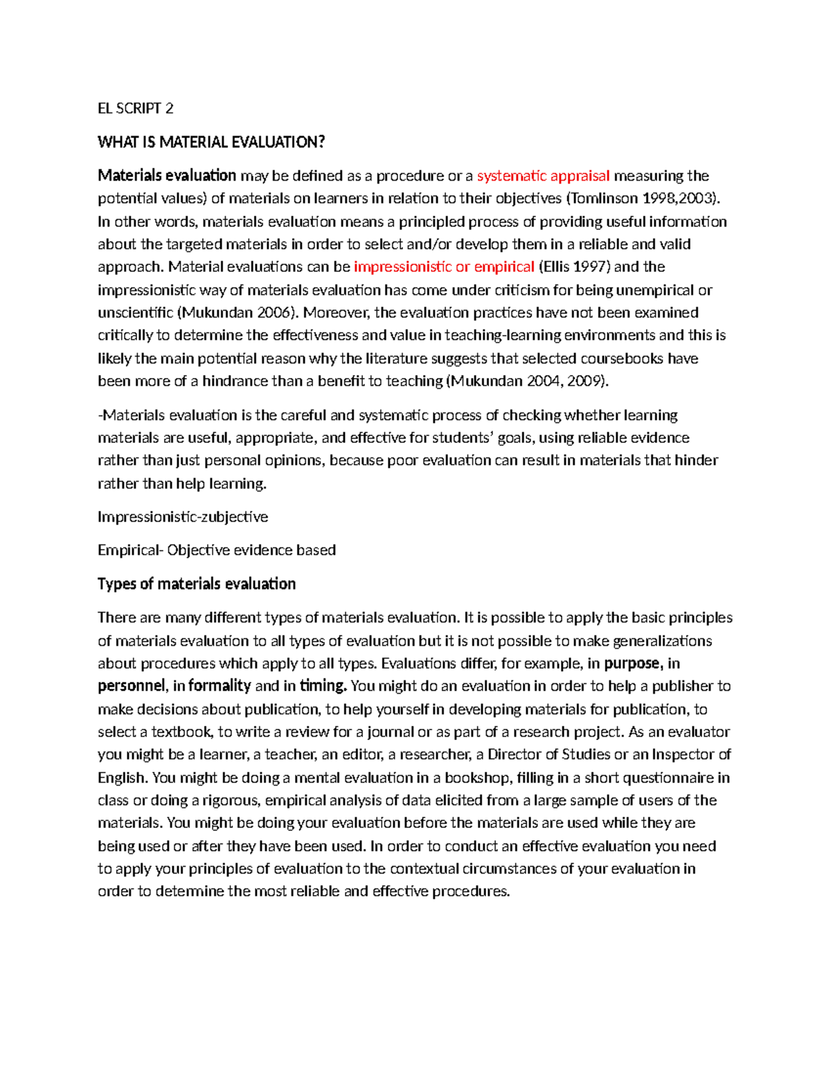 EL Script 2: Understanding Material Evaluation in Education - Studocu