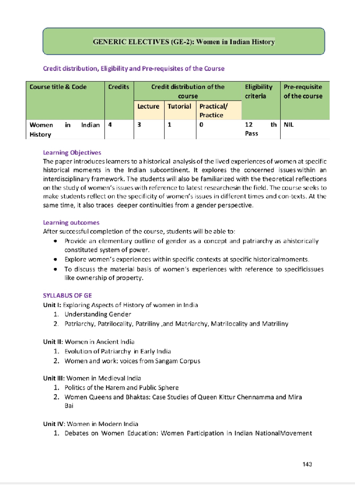 Syllabus for GE: Women in Indian History Course Overview and Structure ...