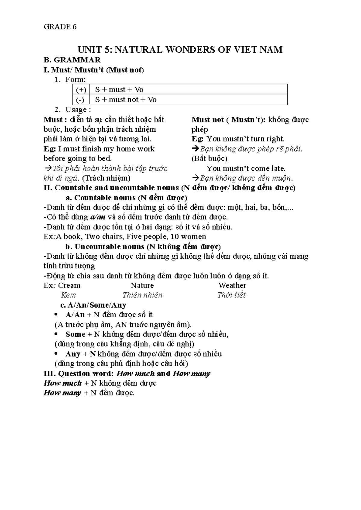 GRADE 6: UNIT 5 - NATURAL WONDERS & GRAMMAR PRACTICE - Studocu