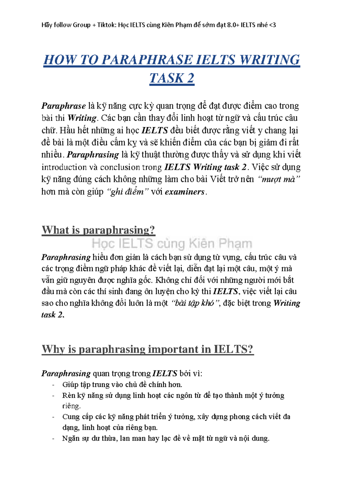 Tài liệu Paraphrase Nâng Cao IELTS Writing Task 2: Đạt 7.5+ - Studocu