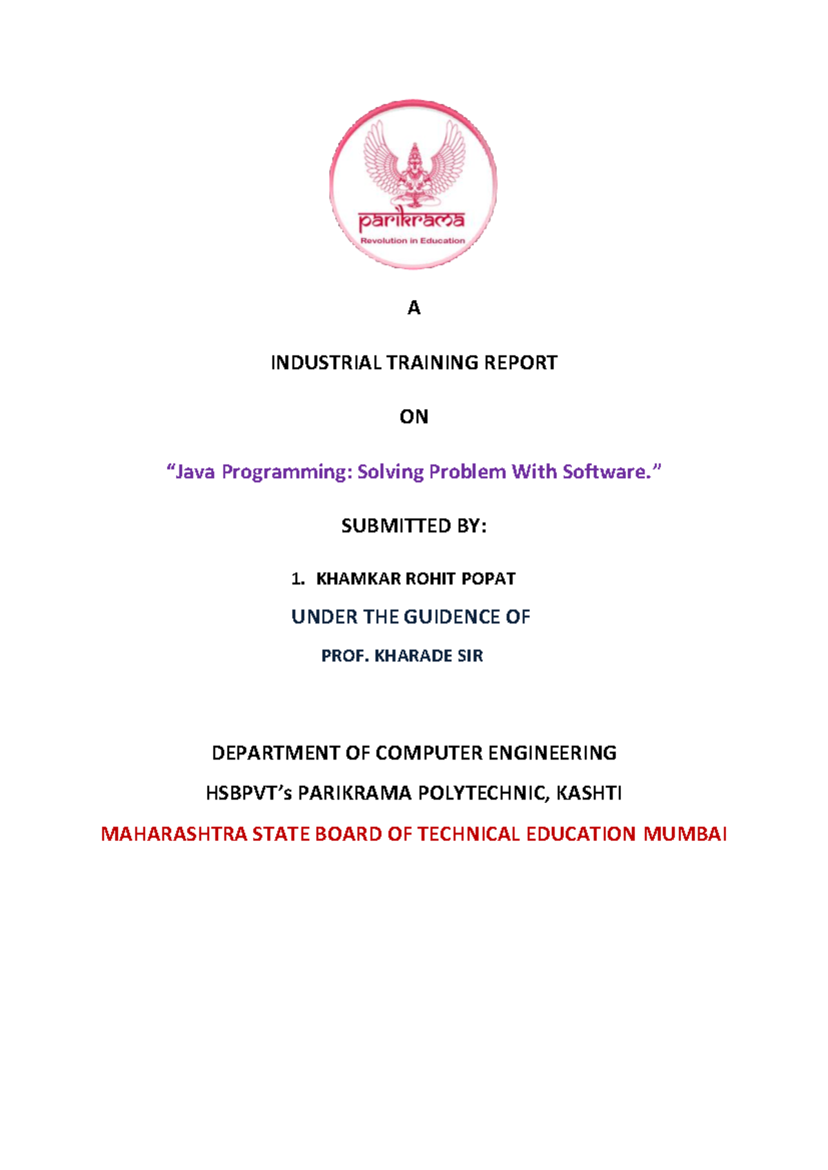 Itr - HI ITR PROJECT - A INDUSTRIAL TRAINING REPORT ON “Java ...