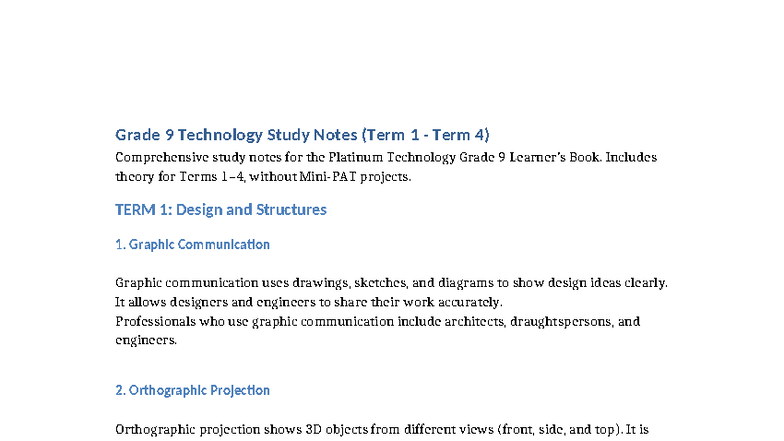Grade 9 Technology Comprehensive Study Notes (Terms 1-4) - Studocu