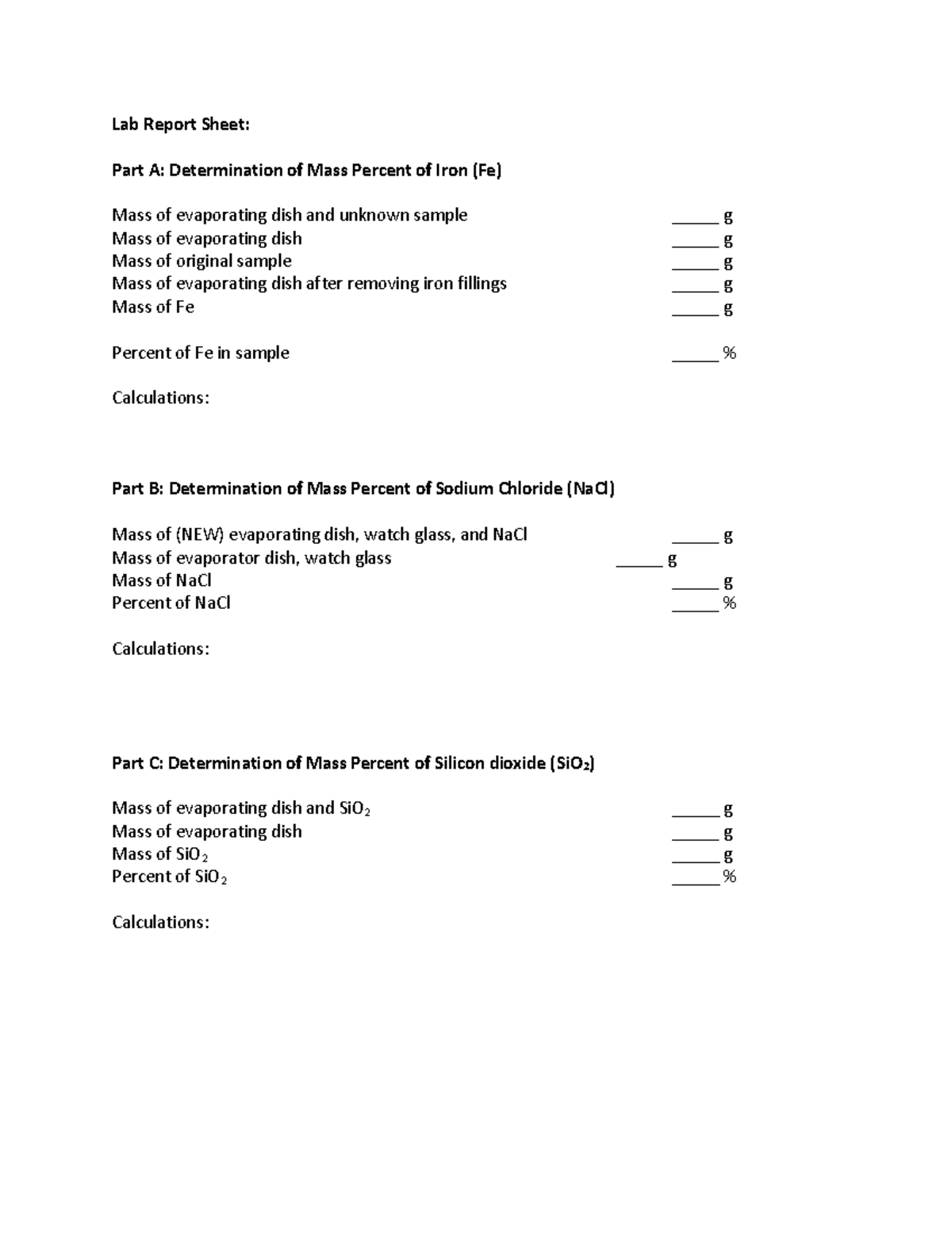 Lab 2 - Lab Report Sheet: Mass Percent Determinations - Studocu