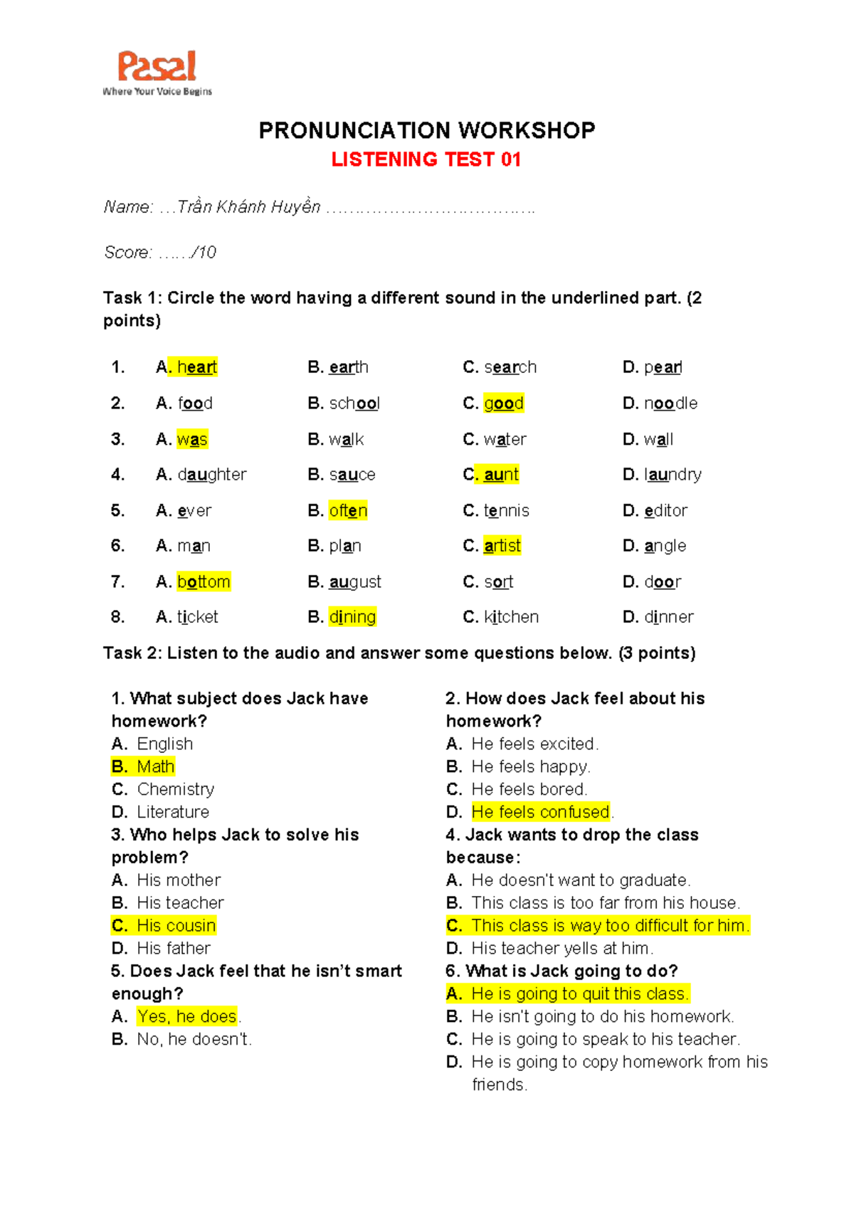 PRONUNCIATION WORKSHOP LISTENING TEST 01 - Trần Khánh Huyền - Studocu