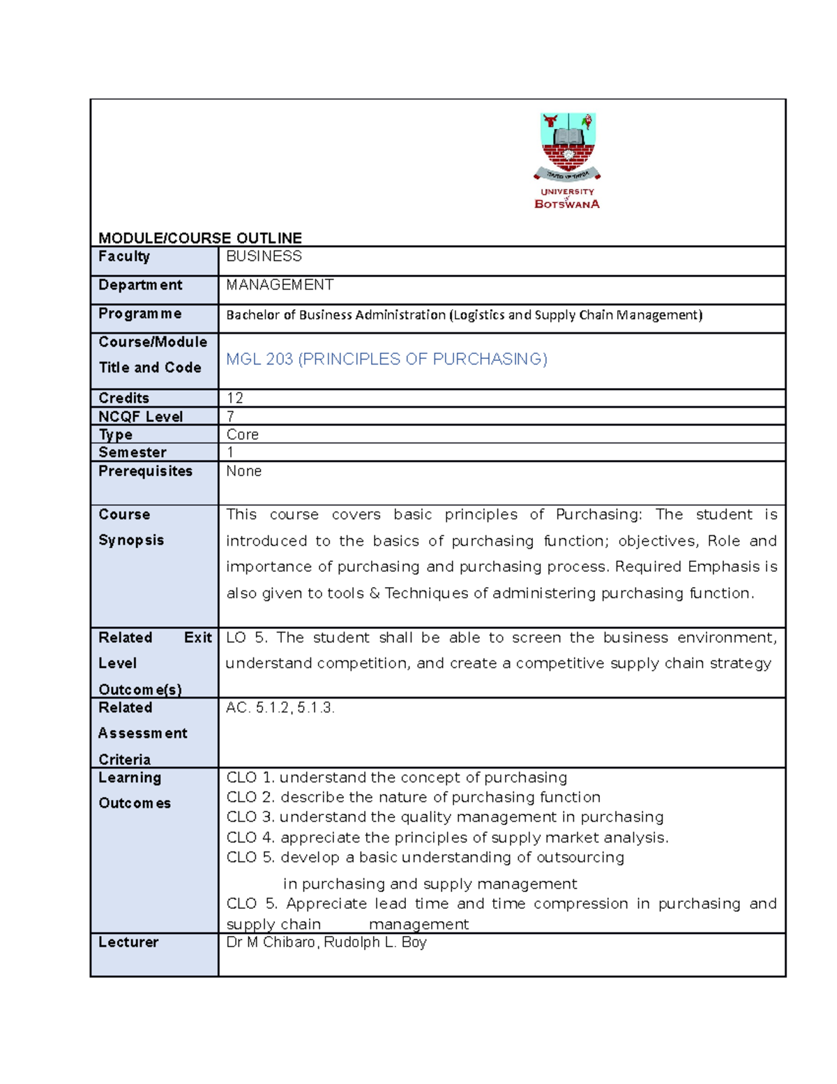 Principles of Purchasing Course Outline MGL 203 - Business Management ...