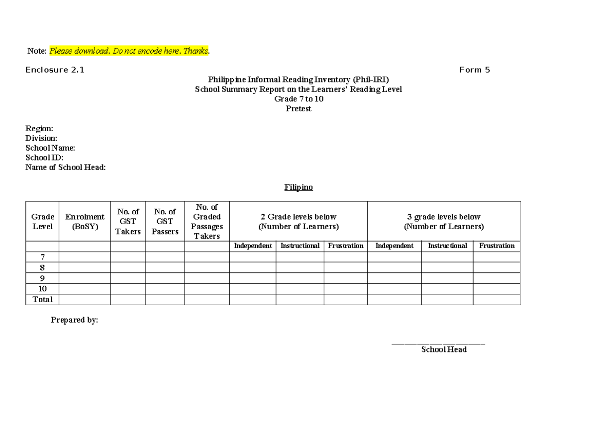 Philippine Informal Reading Inventory Summary Report (Grade 7-10) - Studocu