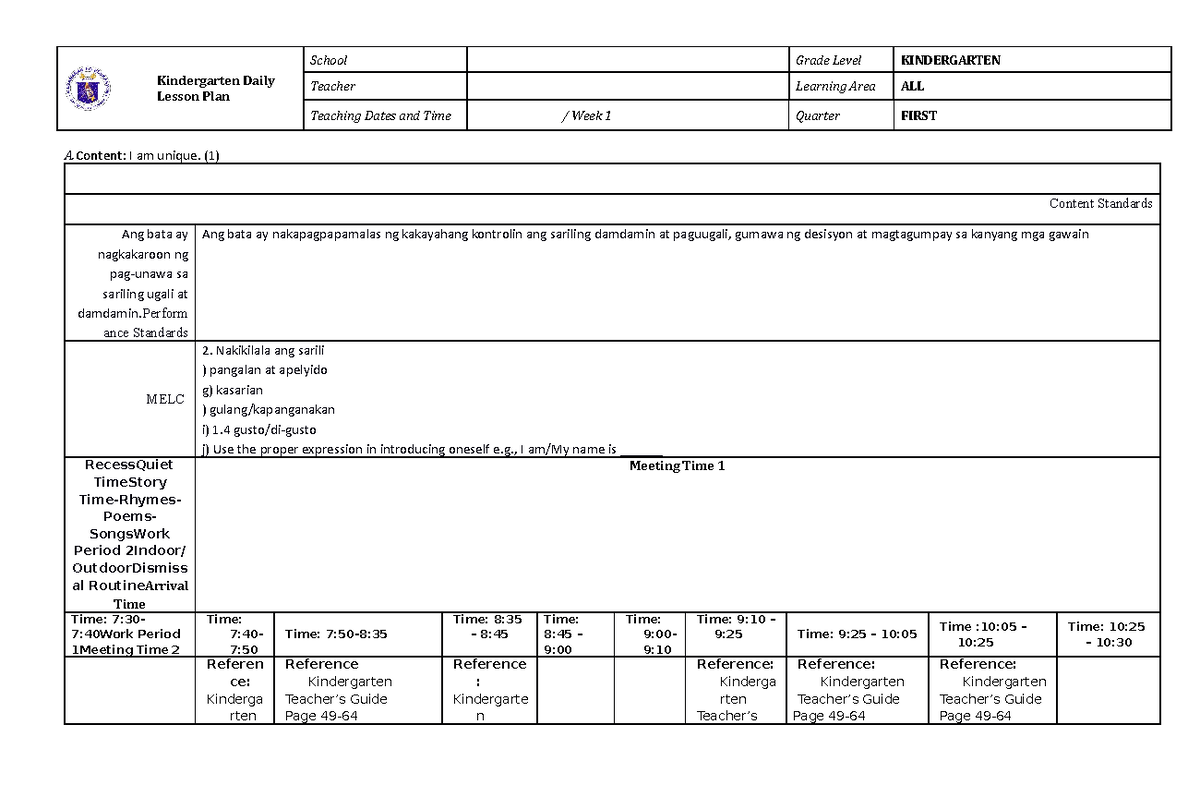 Kindergarten Lesson Plan: Week 1 (Day 1) - Quarter 1 Activities - Studocu