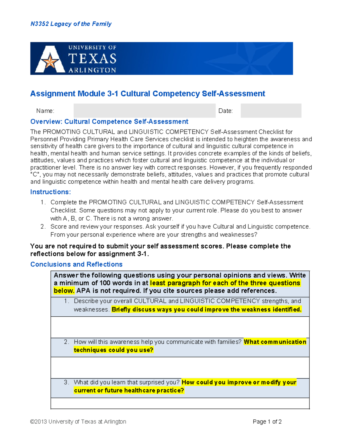 N3352 Assignment Module 3-1: Cultural Competency Self-Assessment - Studocu