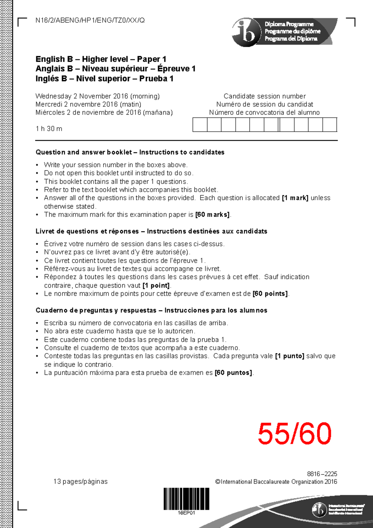 IB English B HL November 2016 - Paper 1 Reading Questions & Answers ...