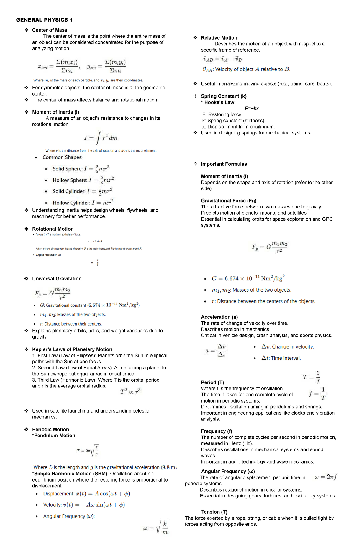 GENERAL PHYSICS 1: Center of Mass & Motion Concepts Review - Studocu