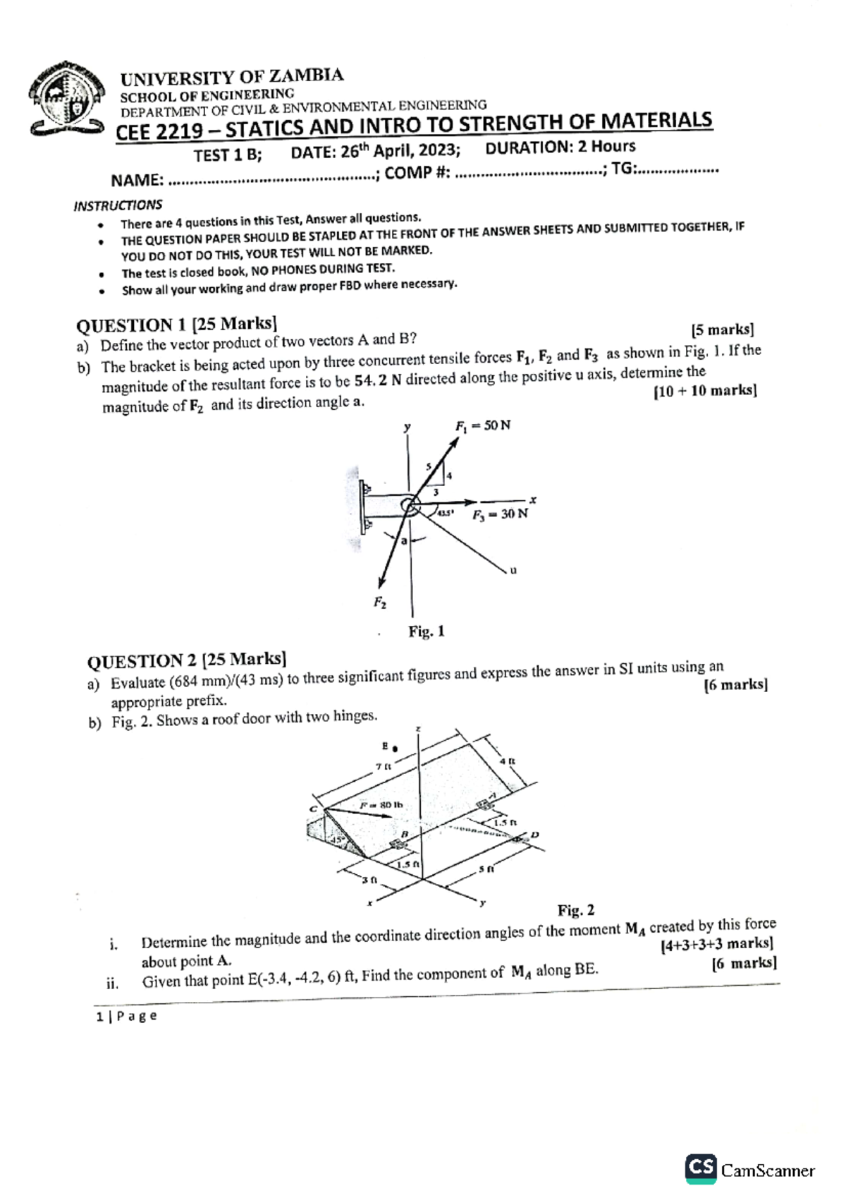 CEE2219 TEST 1: Statics and Intro to Strength of Materials Exam - Studocu