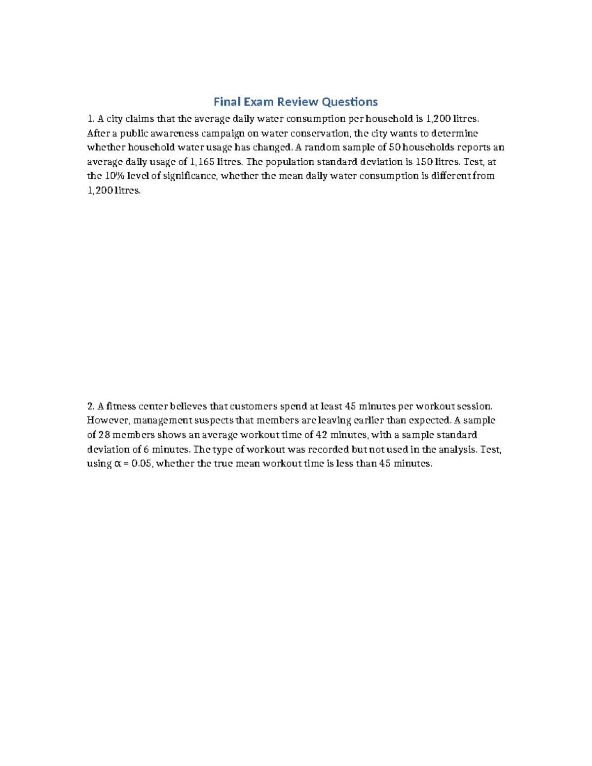 Final Exam Review Questions for Statistics 101 - Studocu