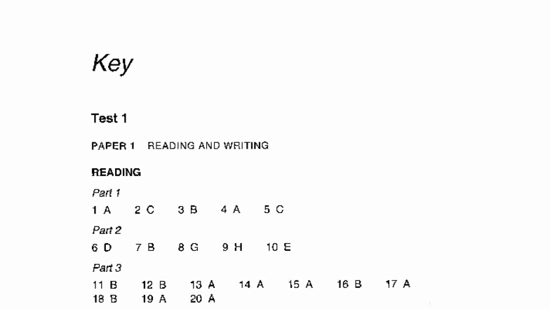 Cambridge Preliminary English Test 4 Book- keys - Key Test 1 PAPER 1 ...