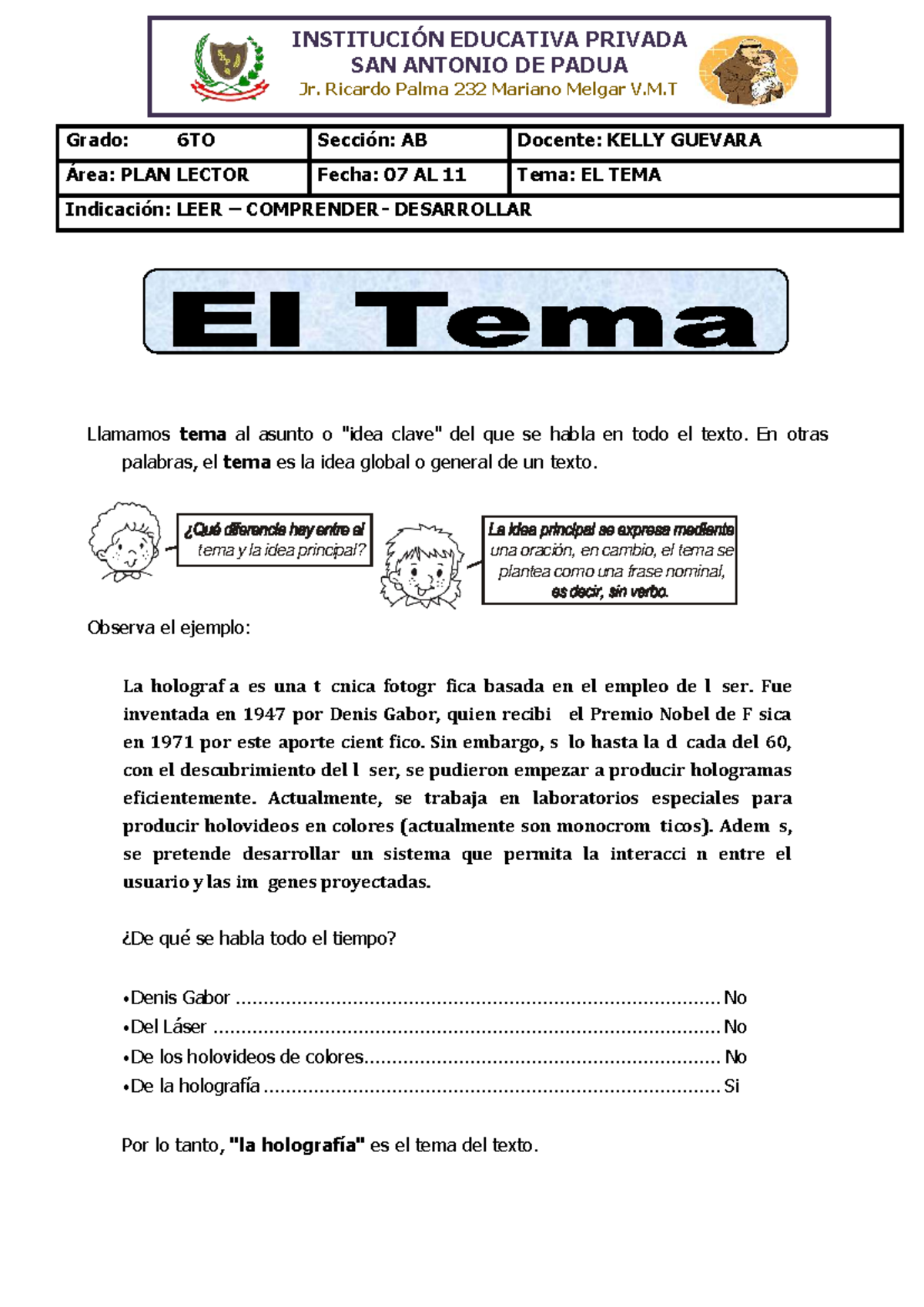 El tema y subtema en el plan lector de 6to grado - Studocu