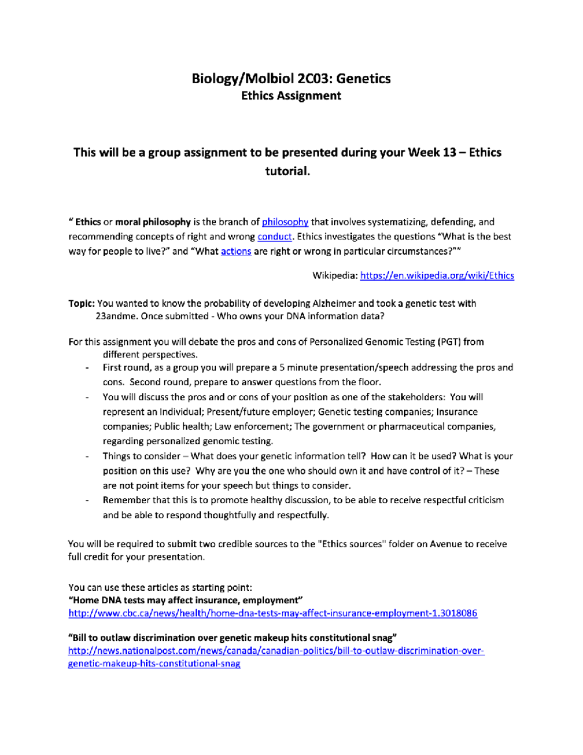 Ethics assignment - Biology Molbiol 2C03 Genetics - 2C03: Genetics ...