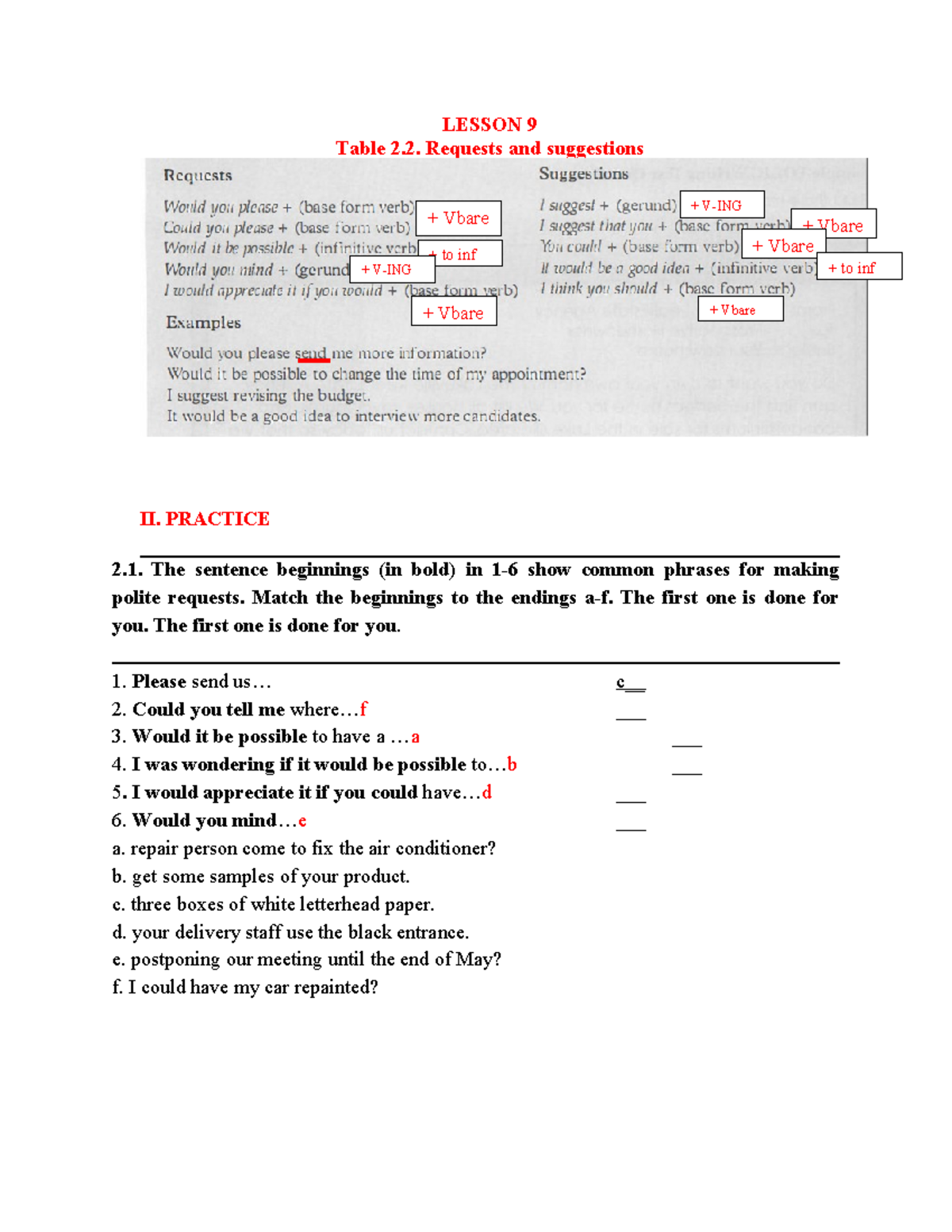 Writing LV2- Lesson 9: Polite Requests & Suggestions Practice - Studocu