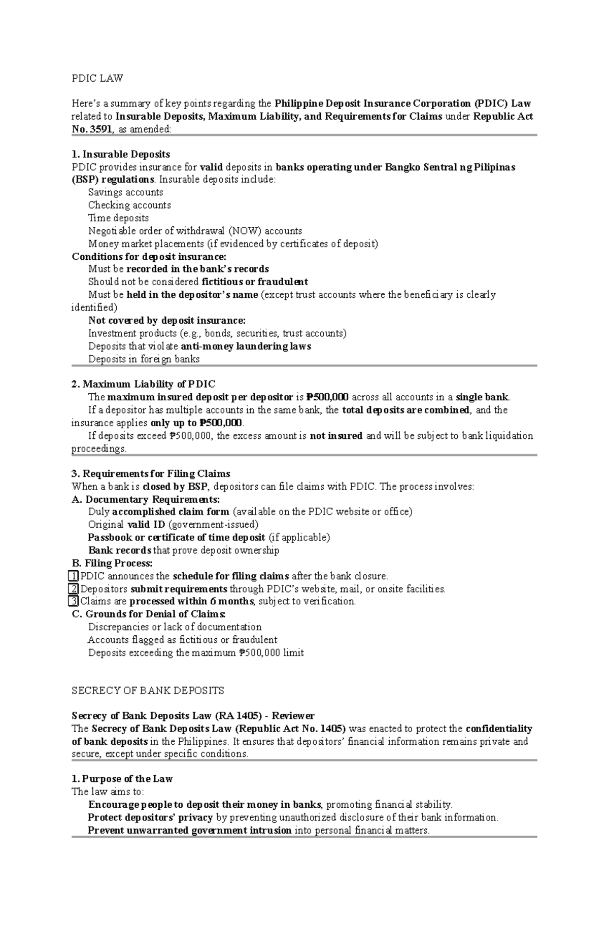 PDIC Law Summary: Key Points on Insurable Deposits & Claims Process ...