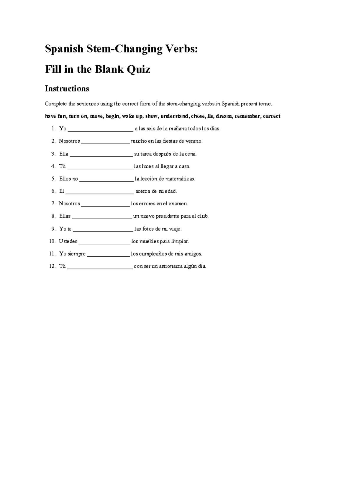 Spanish Stem-Changing Verbs Fill in the Blank Quiz - Spanish Stem ...