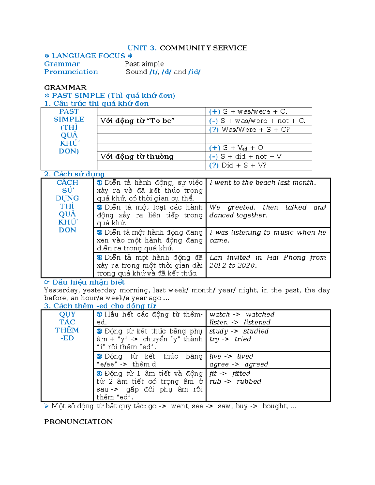 UNIT 3 - Community Service: Grammar Focus on Past Simple - Studocu