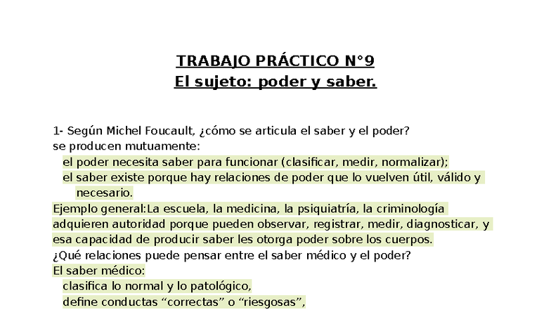 TP N9 Psico - El sujeto: poder y saber según Foucault - Studocu