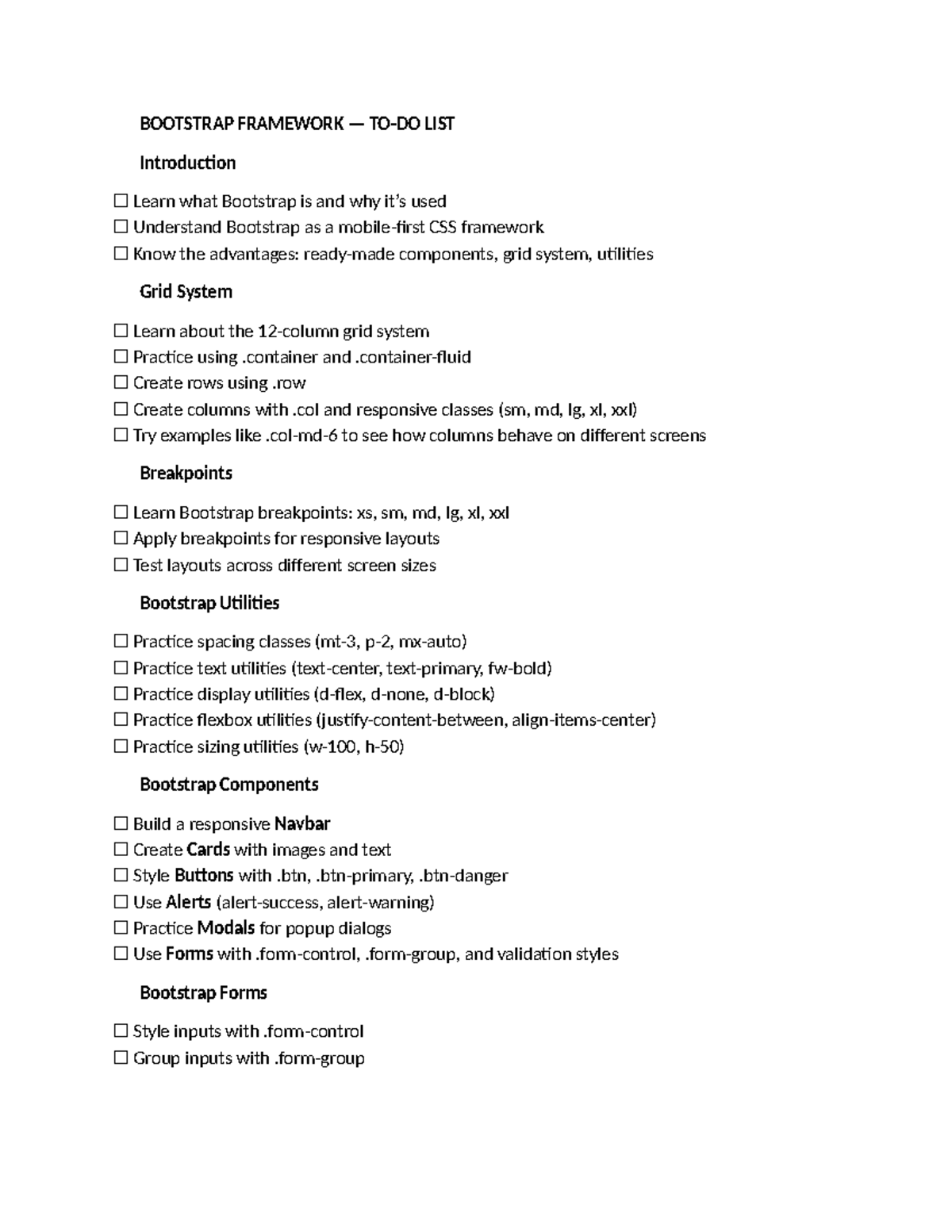 Bootstrap Framework Overview and To-Do List 17691504 - Studocu