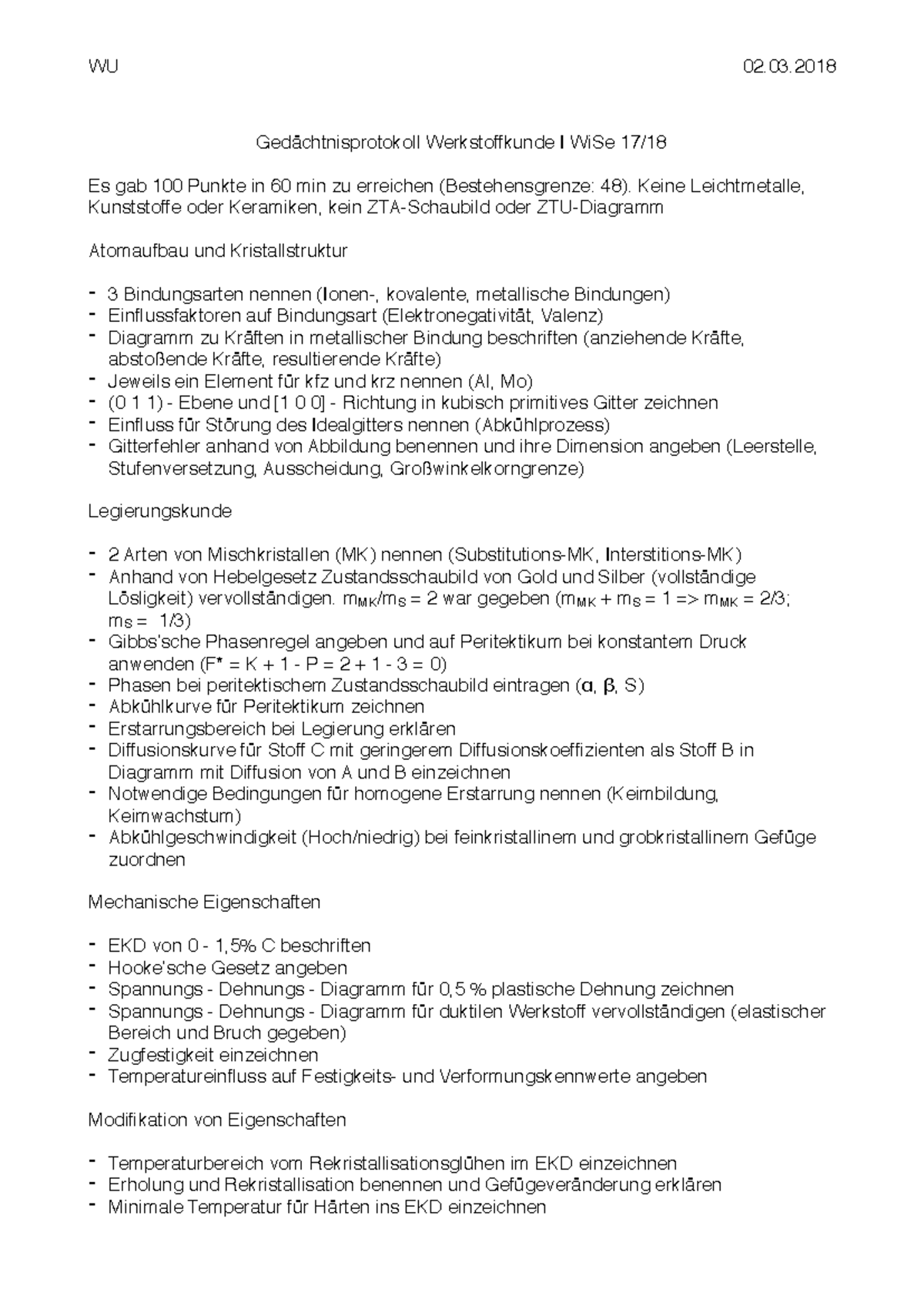 Gedächtnisprotokoll Werkstoffkunde I (WKWi) WiSe 17/18 - Studocu