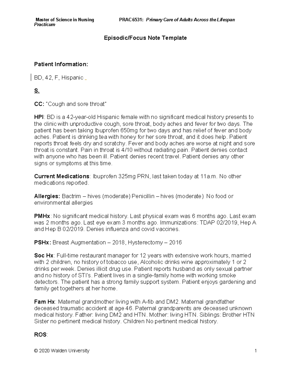 HEENT SOAP Note for Patient with Influenza A - BD, 42, F - Studocu