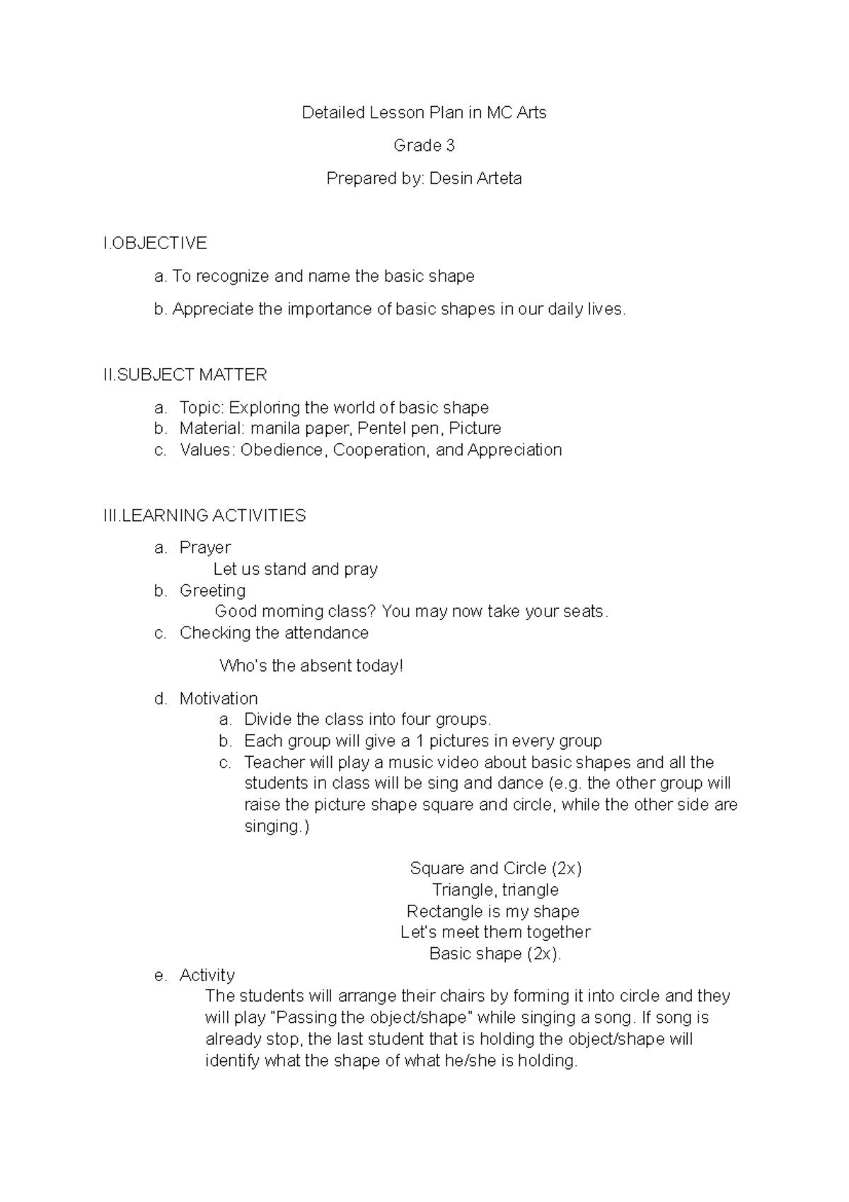 Arteta - III BEED- 13 - be professional - Detailed Lesson Plan in MC ...
