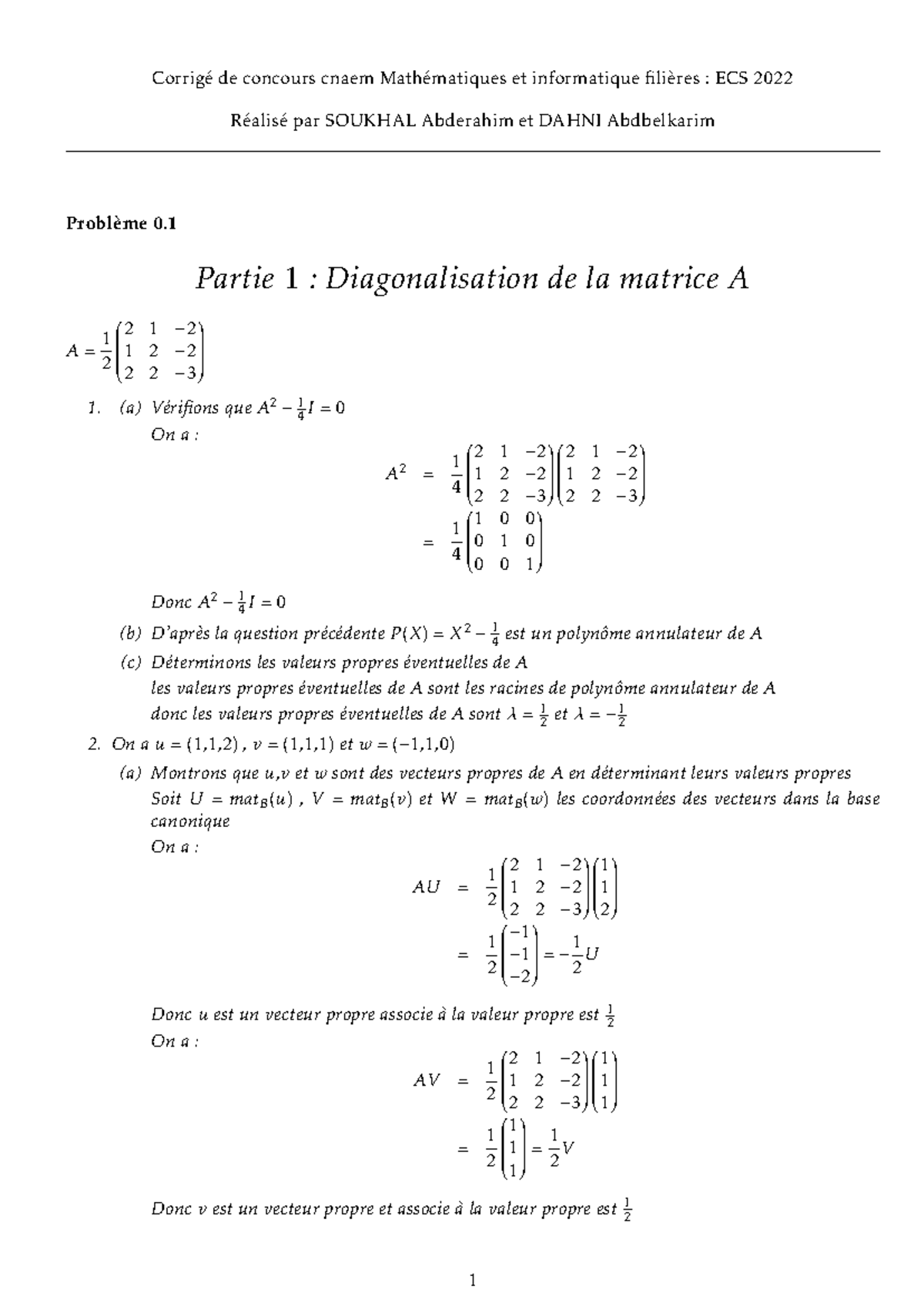 Corrigé de concours Cnaem 22 : Math et Info ECS 2022 - Studocu