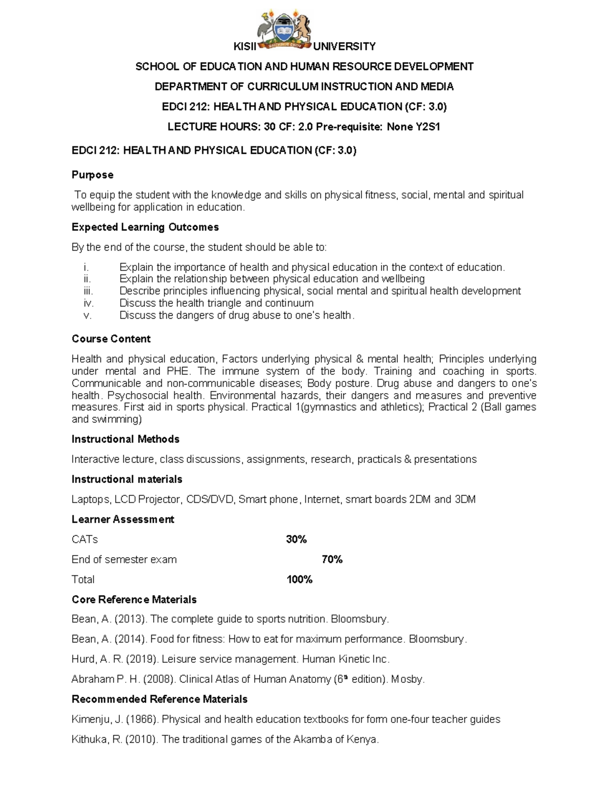 EDCI 212: Health and Physical Education Course Outline (Sep-Dec 2024 ...