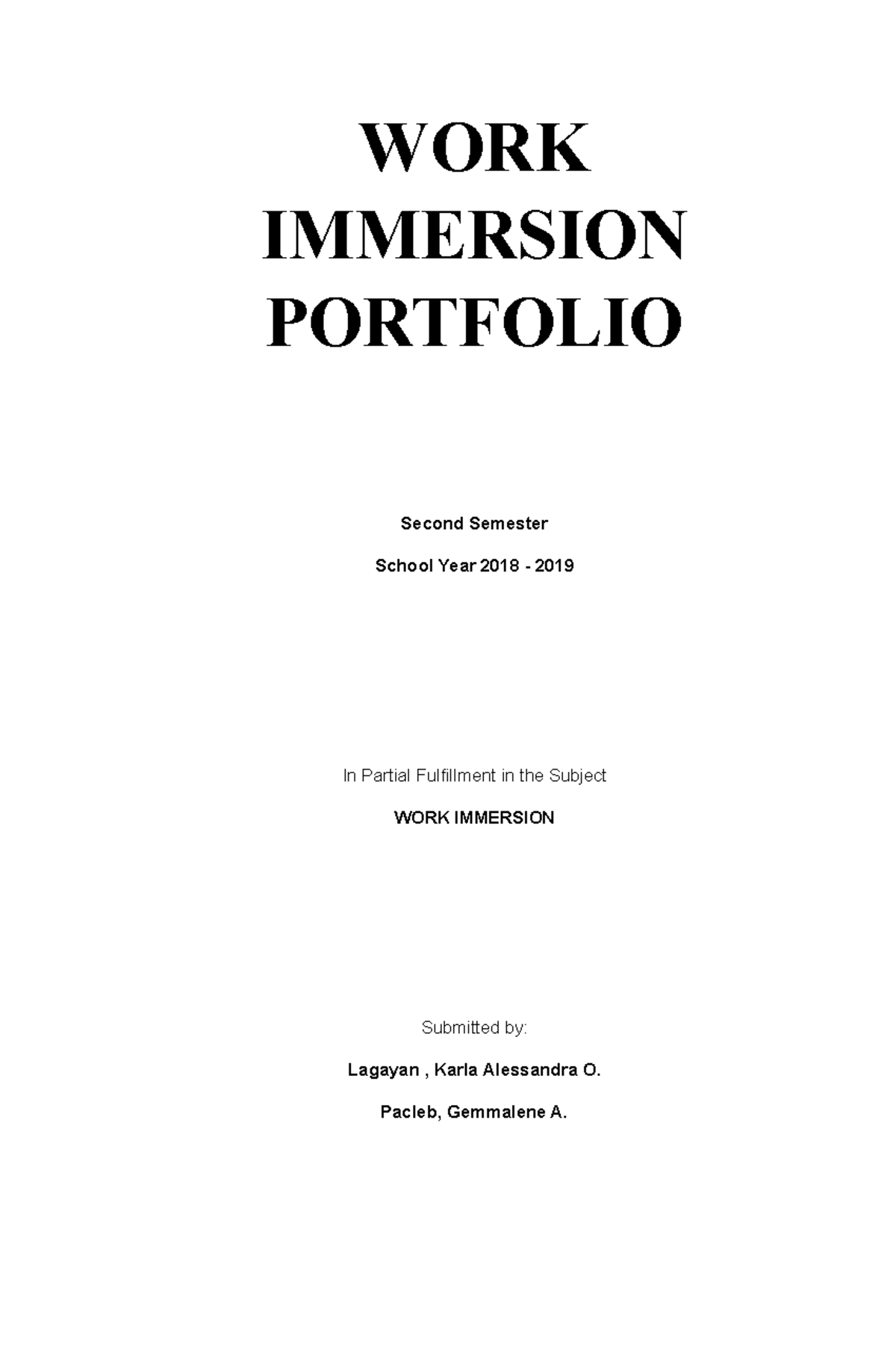 Work-immersion-portfoliodocx - WORK IMMERSION PORTFOLIO Second Semester ...