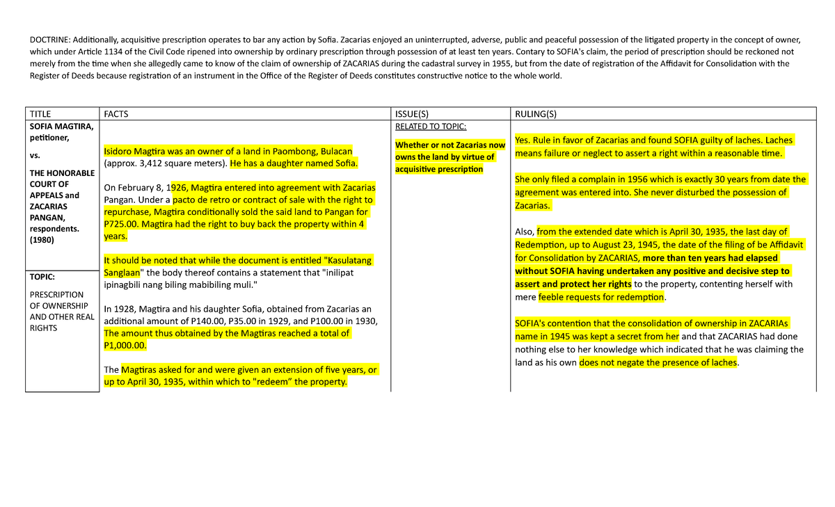Digest of Magtira v. CA: Acquisitive Prescription and Laches - Studocu